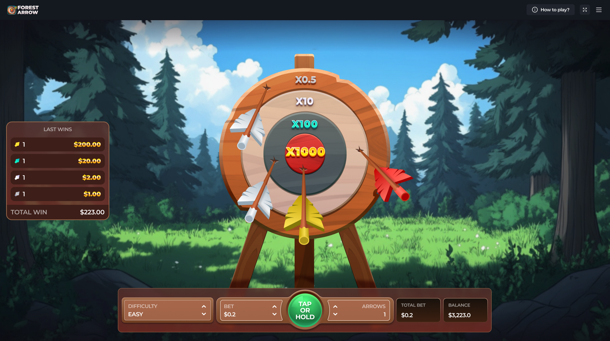 Forest Arrow Game 🎯 InOut Demo & Money Mode - $20,000 Win